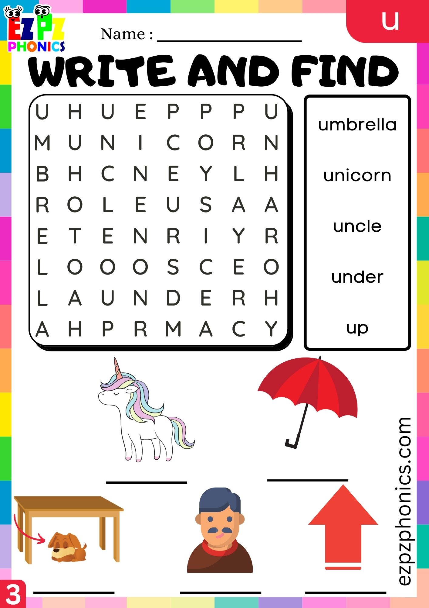 Letter u Word Search Write and Find the Words Group 3 - ezpzphonics.com